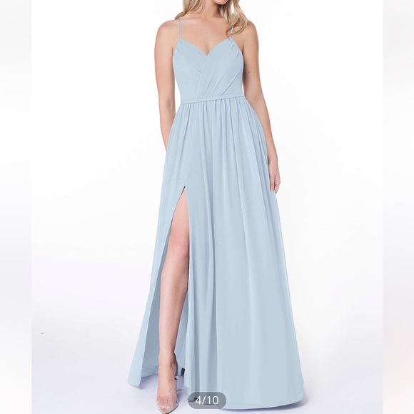 Azazie | Dresses | Azazie Mist Blue Maxi Floor Length Spaghetti Strap ...